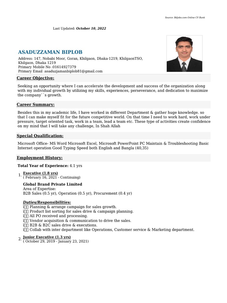 Asaduzzaman Biplob's CV & Career Overview | PDF | Sales | Bangladesh