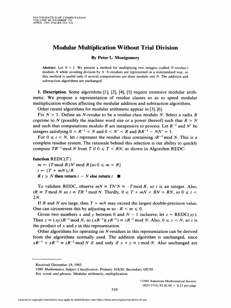 Modular Multiplication Without Trial Division | PDF | Multiplication ... Modular Multiplication Without Trial Division | PDF | Multiplication ...