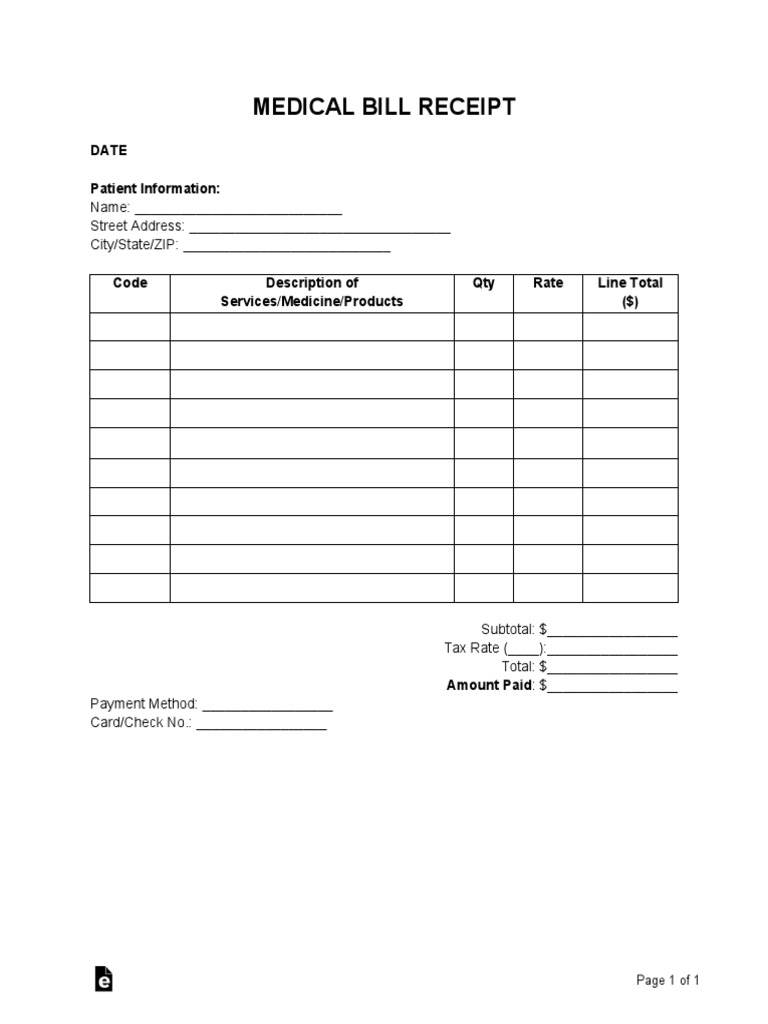 Medical Bill Receipt Template | PDF