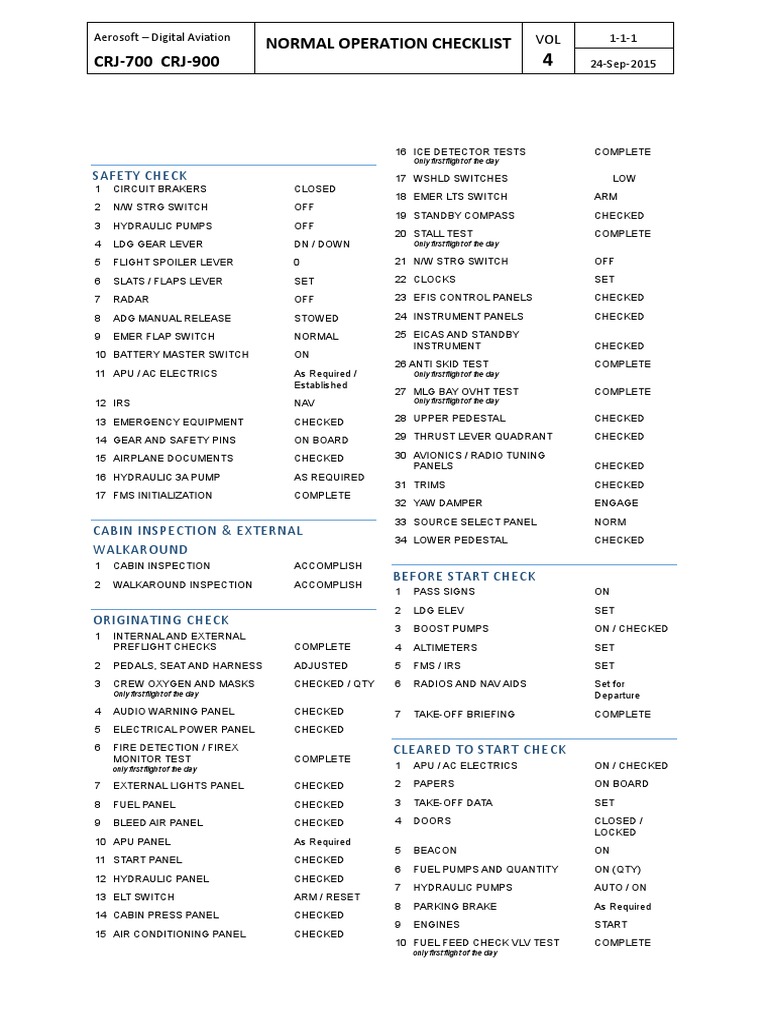 Vol4 Normal Ops Checklist - 20150924 | PDF | Aerospace | Vehicles Vol4 Normal Ops Checklist - 20150924 | PDF | Aerospace | Vehicles