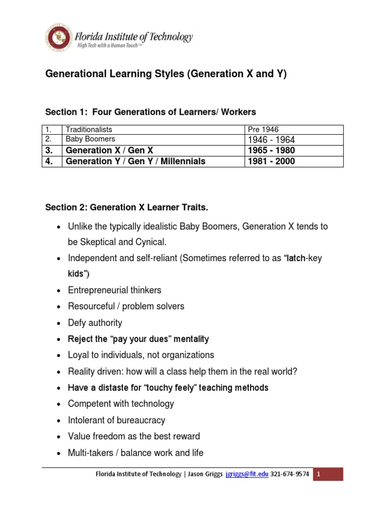 Generational Learning Styles Handout | PDF | Millennials | Social Media