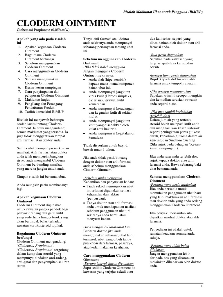 Cloderm Ointment Clobetasol Propionate HOE PHARMACEUTICALS SDN BHD ...
