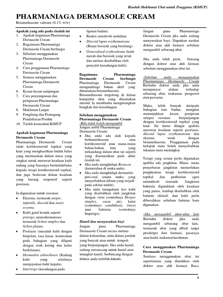 Pharmaniaga Dermasole Cream Betamethasone Valerate PHARMANIAGA ...