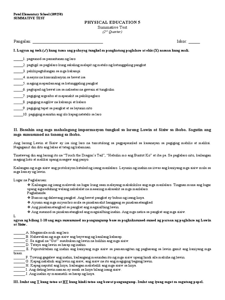 Summative Test Pangalan: - Iskor | PDF