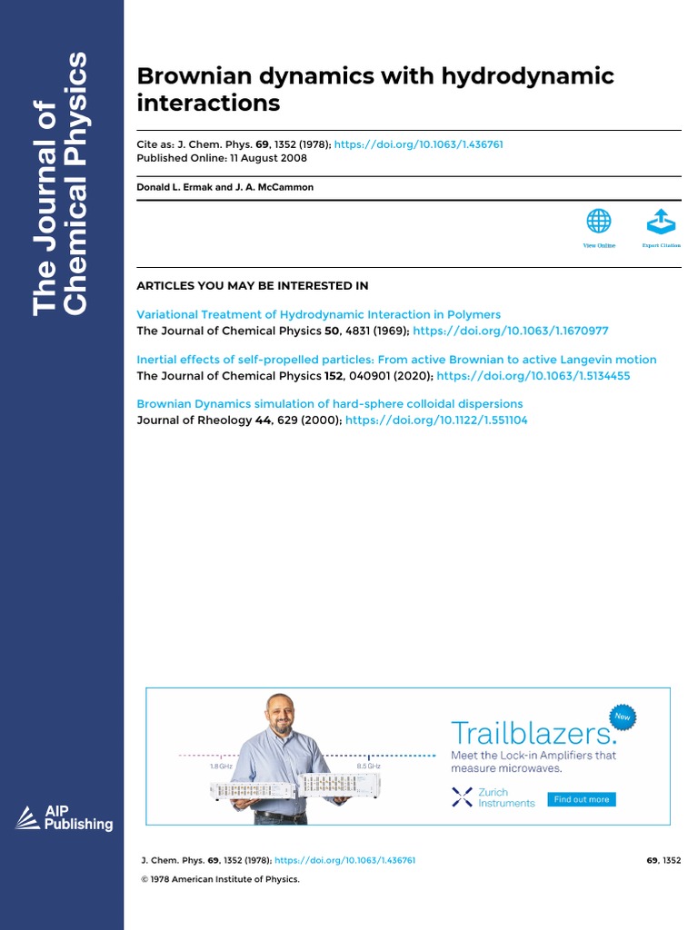 Ermac and McCammon JCP 1978 Brownian Dynamics With Hydrodynamic | PDF | Brownian Motion | Mechanics