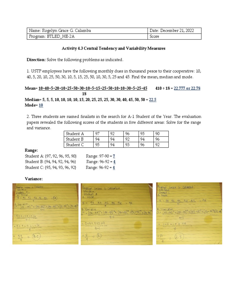 Calamba - Activity 4.3 Central Tendency and Variability Measures | PDF