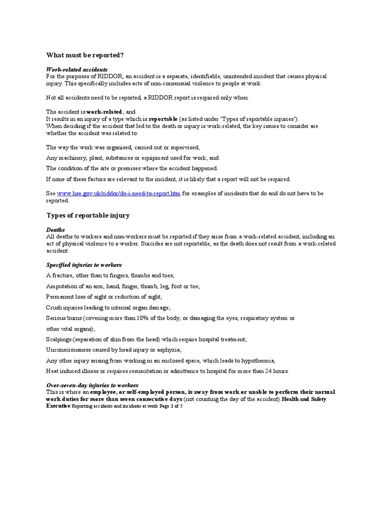 RIDDOR - What Must Be Reported | PDF | Injury | Occupational Safety And ...