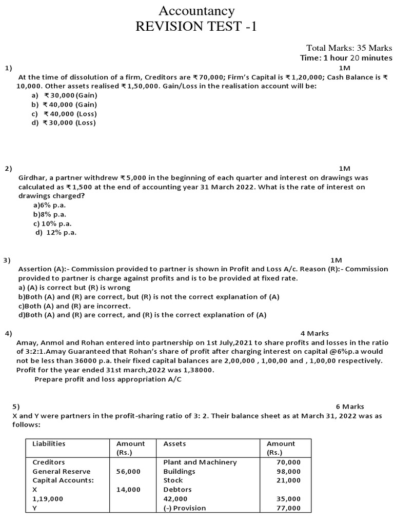 Accountancy Revision Test 1 | Download Free PDF | Balance Sheet | Goodwill (Accounting)