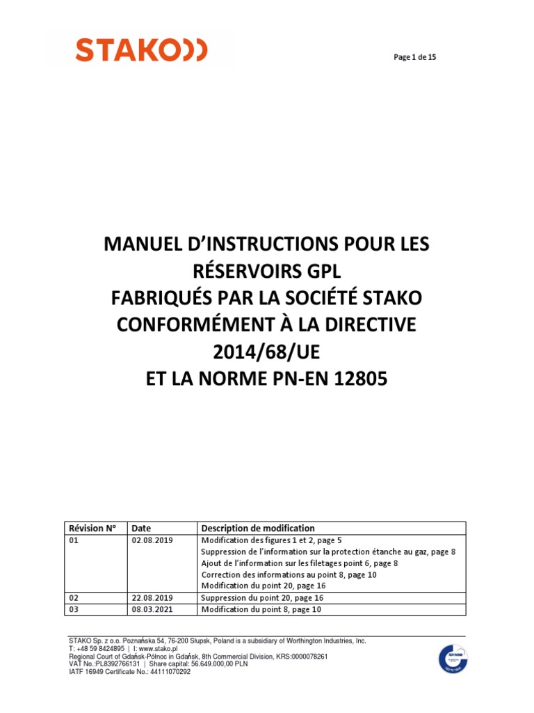 Manuel d'instructions réservoirs GPL Stako | PDF | Gaz de pétrole ...