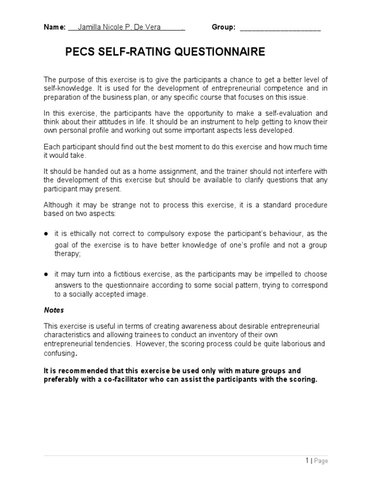 Pecs Self Rating Questionnaire | PDF | Goal | Cognitive Psychology