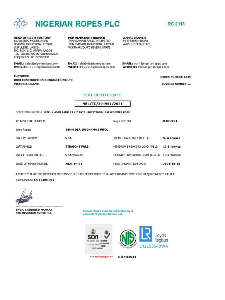 Wire Rope Test Certificate - 14mm | PDF | Machines | Manufactured Goods