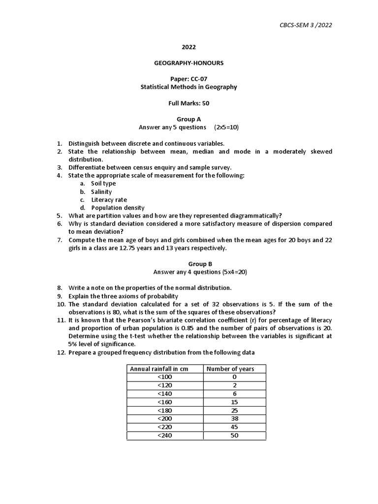 CBCS 2022 - SEM 3 CC-07 Mock Test | PDF