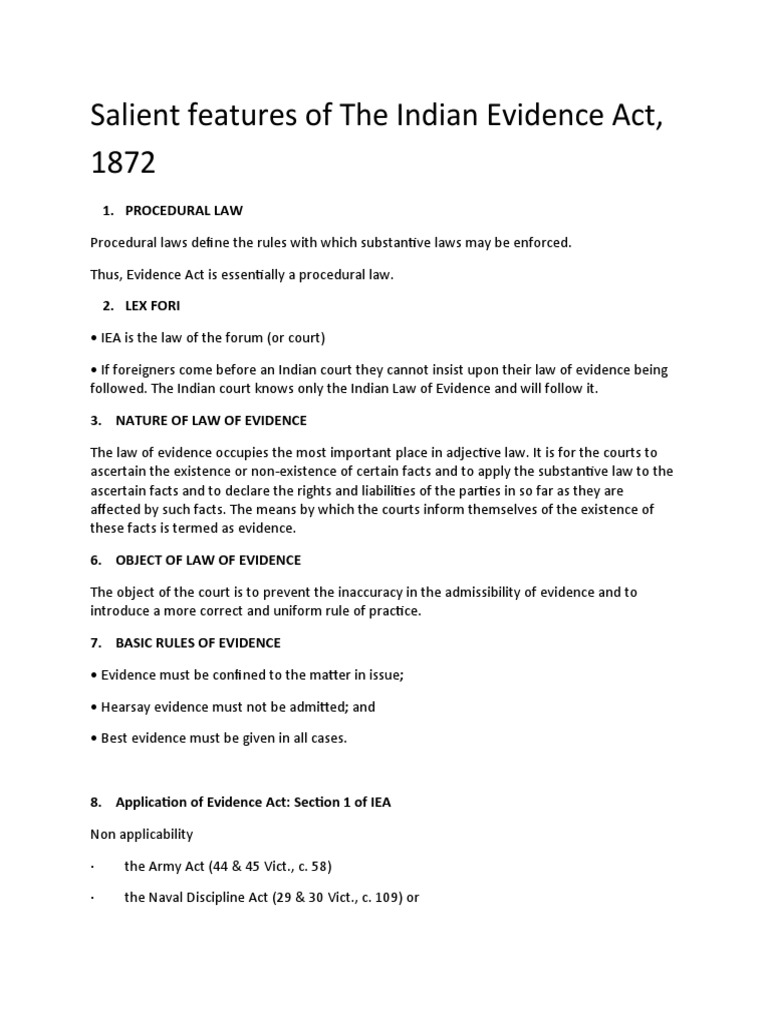Salient Features of Indian Evidence Act | PDF | Witness | Testimony