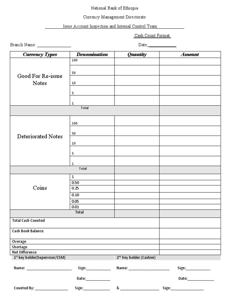 Cash Count Format | PDF