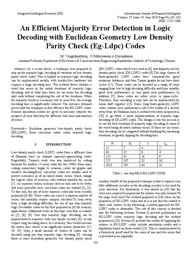 An Efficient Majority Error Detection In Logic Decoding With Euclidean Geometry Low Density