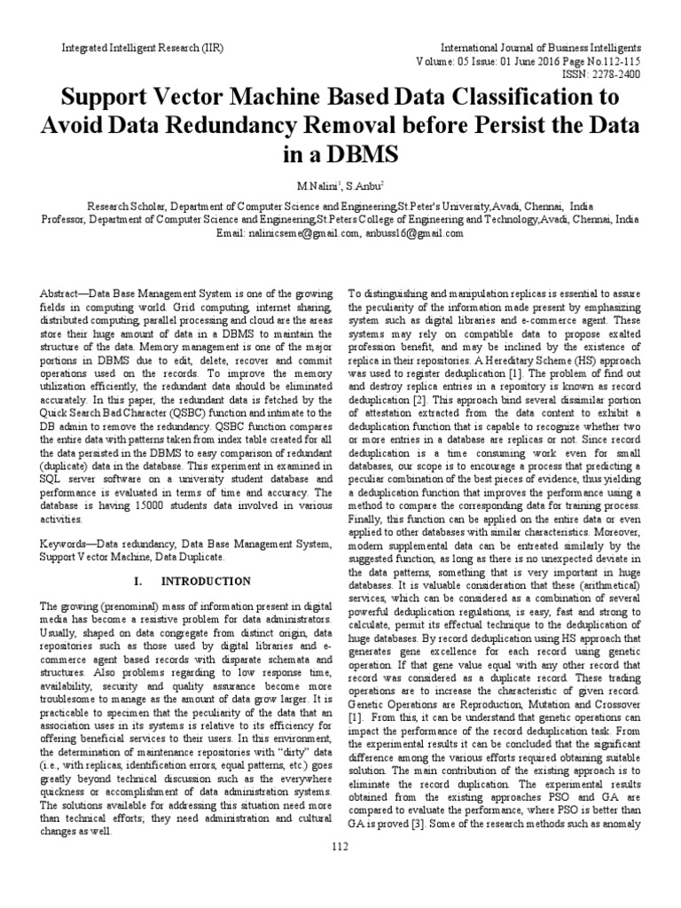 Support Vector Machine Based Data Classification To Avoid Data Redundancy Removal Before Persist ...