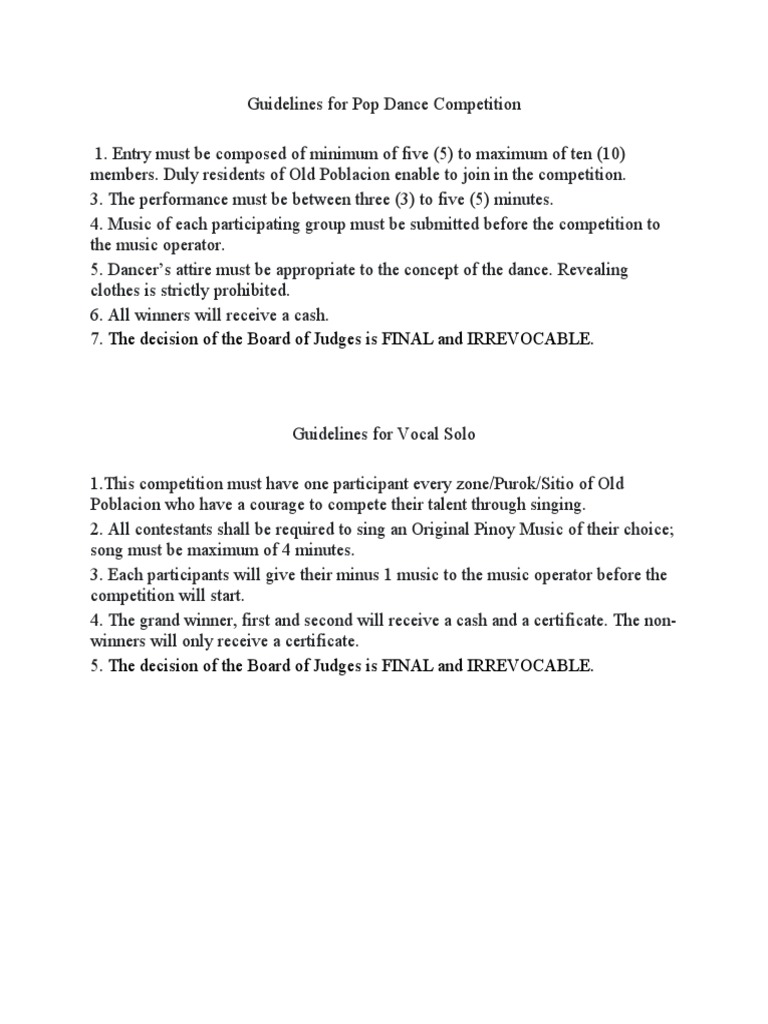 Guidelines For Pop Dance Competition Yolanda | PDF