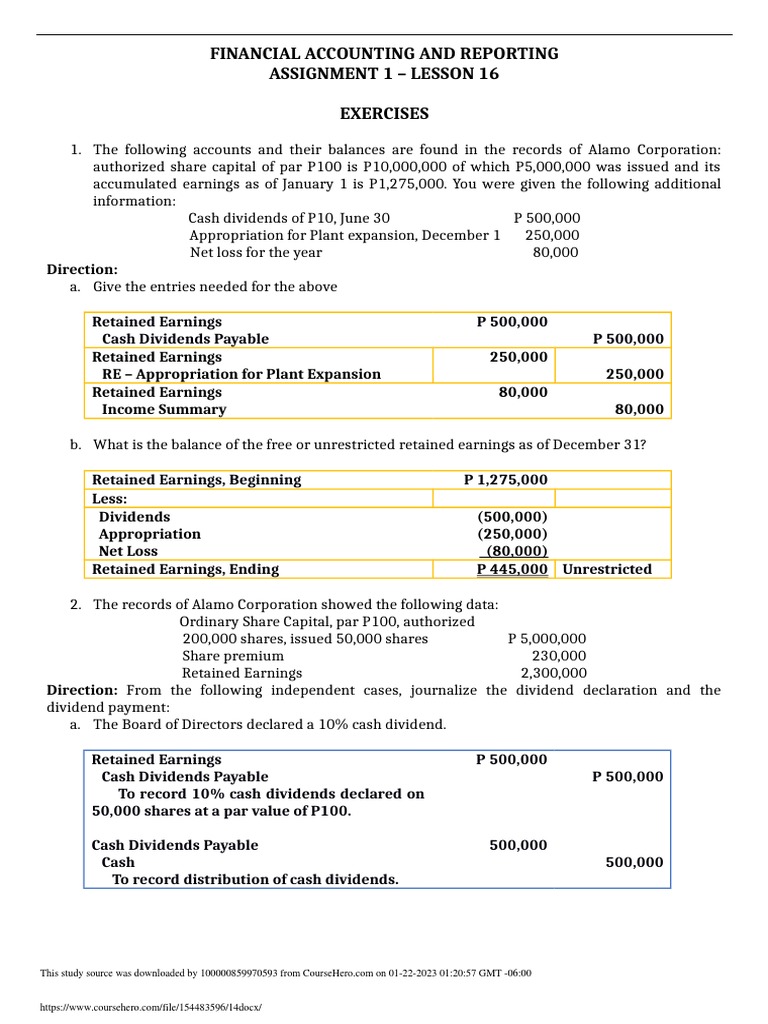 Financial Accounting and Reporting Assignment 1 - Lesson 16 Exercises ...