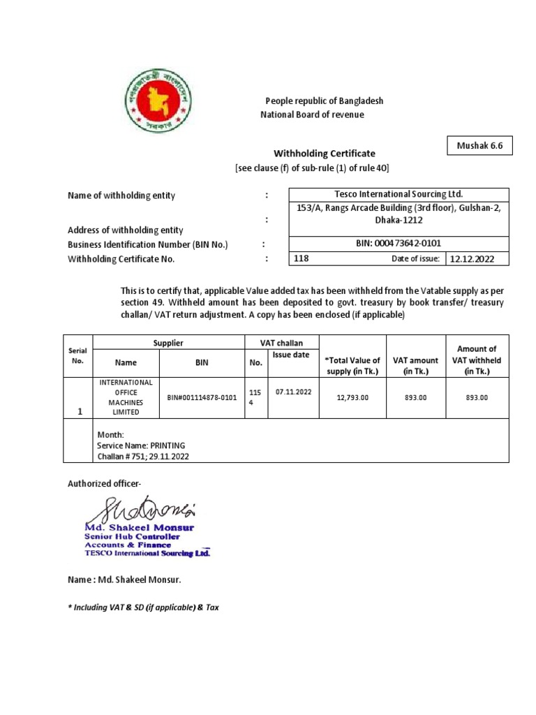 Withholding VAT Certificate - Mushak 6.6 | PDF