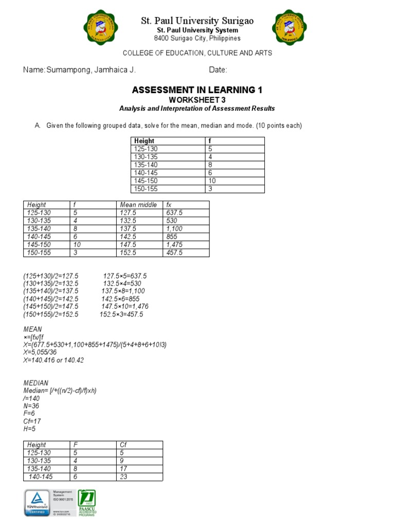 Worksheet 3 Assessment Learning 1 | PDF | Analysis | Statistics