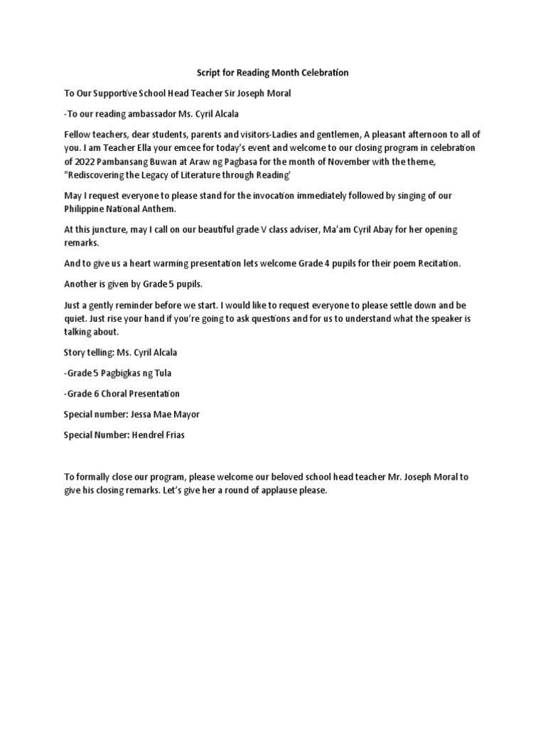 Script For Reading Month Celebration | PDF