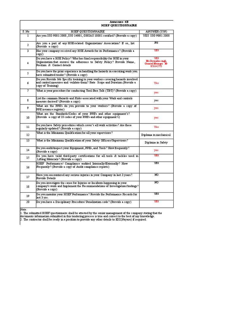 HSEF Compliance Questionnaire Summary | PDF | Personal Protective ...