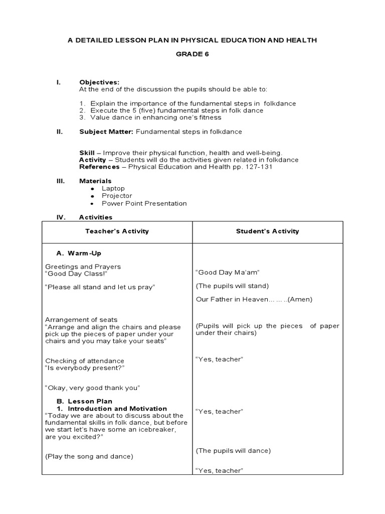 Grade 6 Detailed Lesson Plan in Physical Education and Health | PDF ...