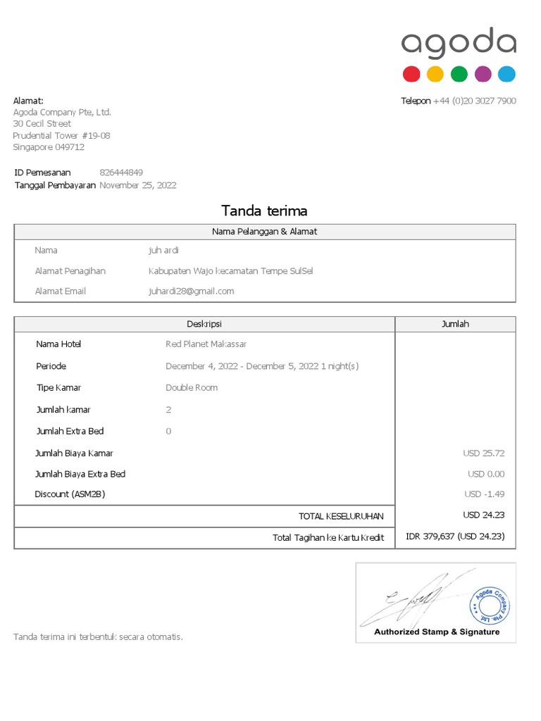 ID Pemesanan Agoda 826444849 - BUKTI PEMBAYARAN Terlampir | PDF