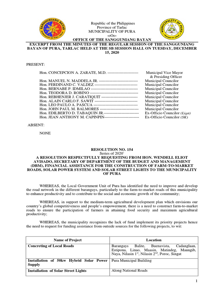 Resolution No. 154 Series of 2020 | PDF | Philippines | Government