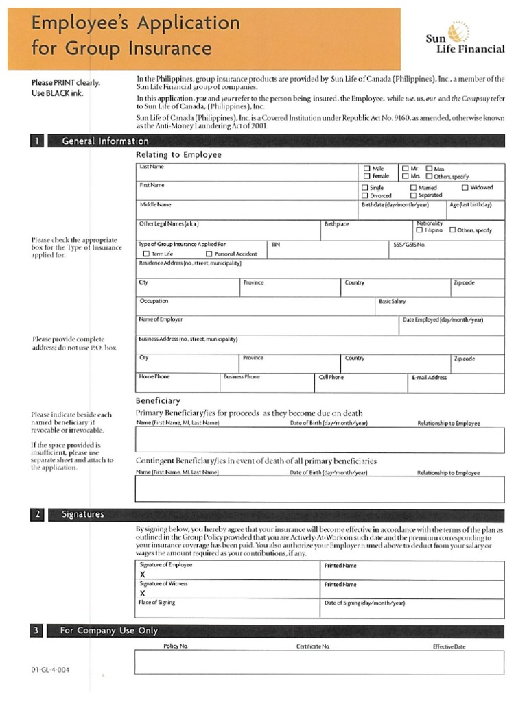 Sunlife Employee's Application For Group Insurance Form | PDF