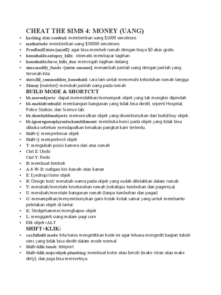 Cheat Sheet: The Sims 4 | PDF