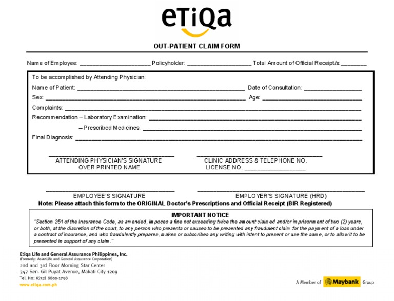 Etiqa Out Patient Claim Form | PDF