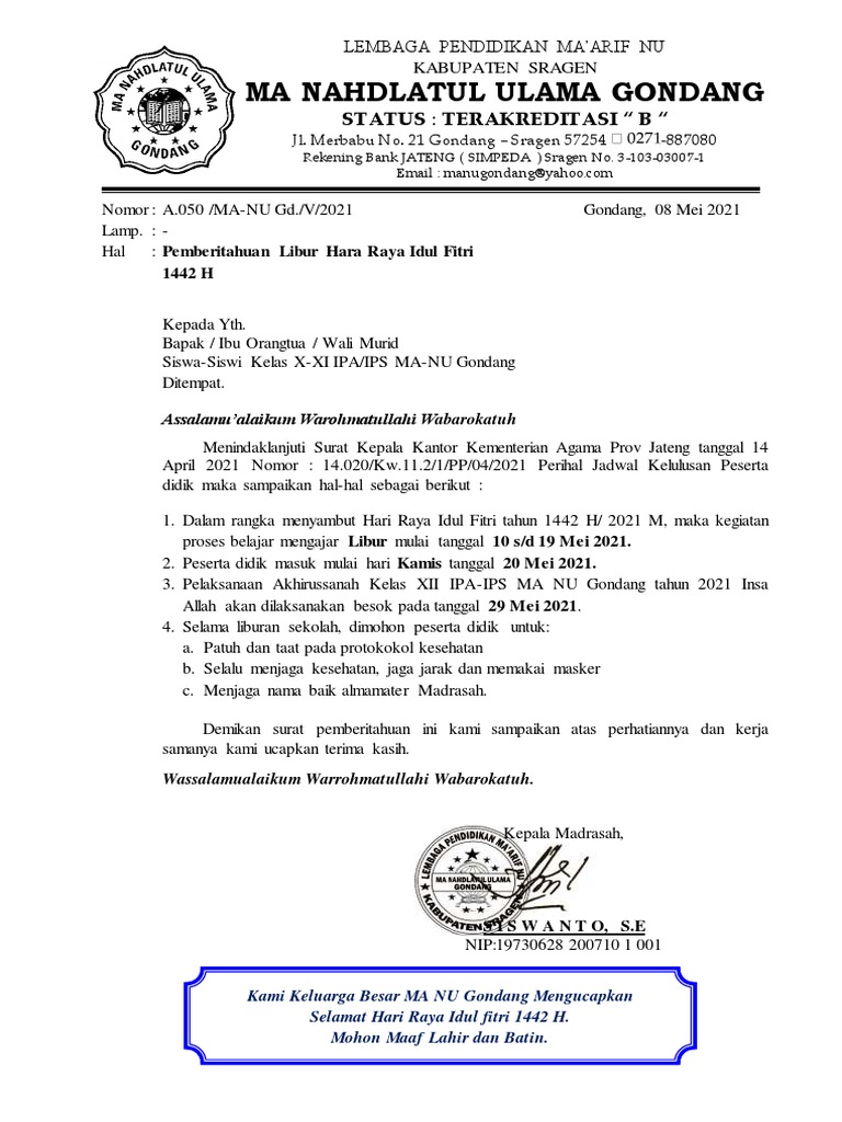 Surat Pemberitahuan Libur Ramadhan 2021 H | PDF