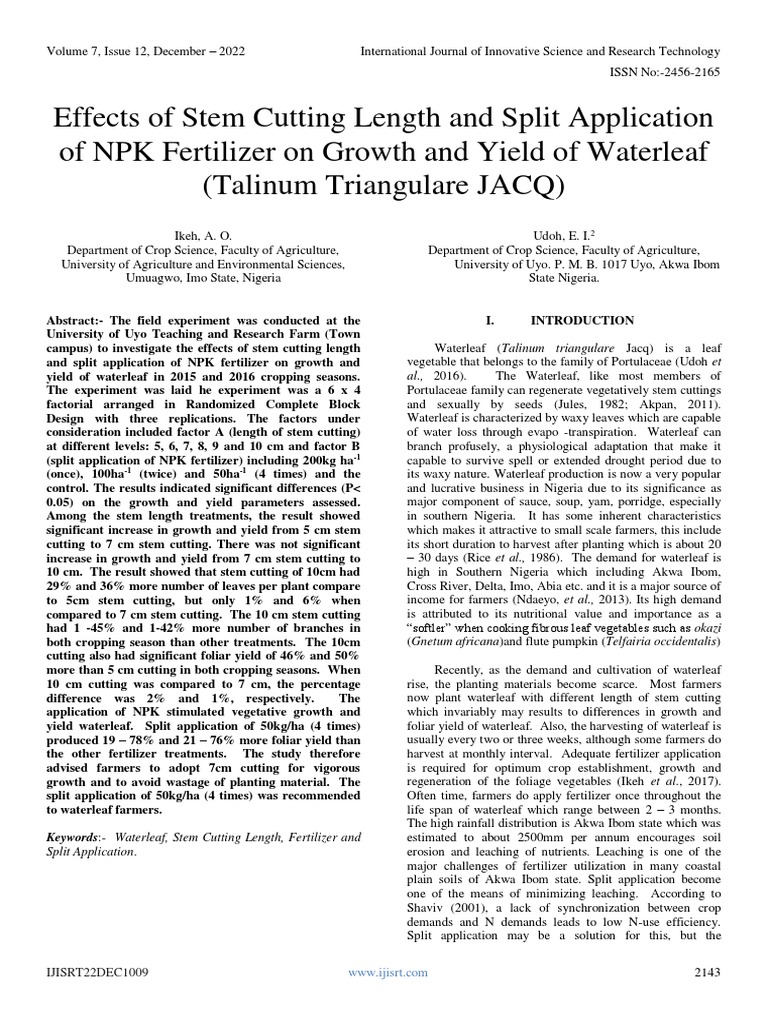 Effects of Stem Cutting Length and Split Application of NPK Fertilizer ...