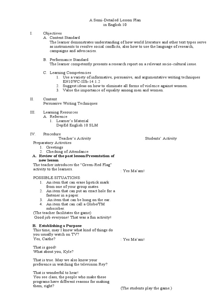 A Detailed Lesson Plan | PDF | Learning | Lesson Plan