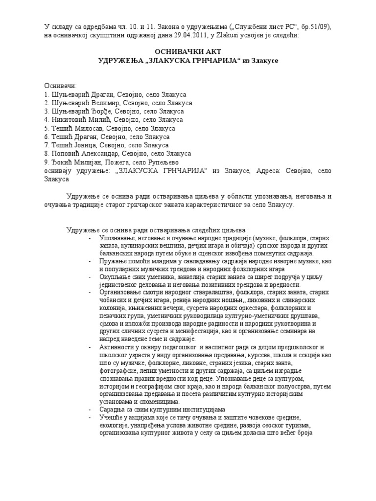 Osnivački Akt Udruženja - Primer | PDF