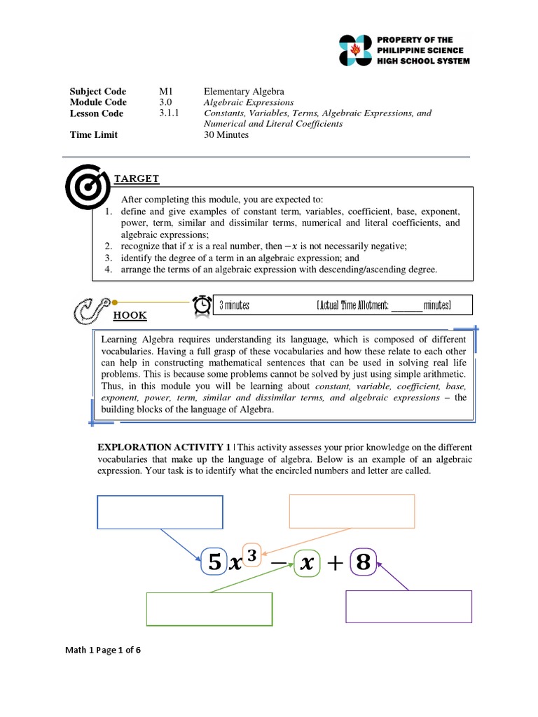 Constants, Variables, Terms, Algebraic Expressions, and Numerical and ...