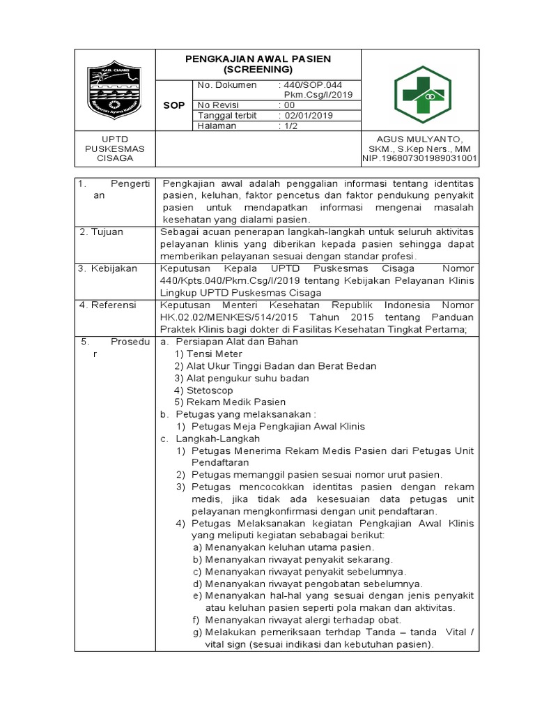 7.2.1.1. Sop Pengkajian Awal Pasien-Tr | PDF