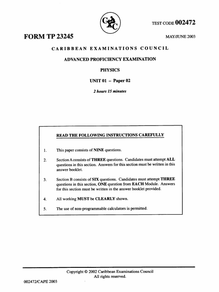 CAPE Physics 2003 U1 P2 | PDF | Gases | Force