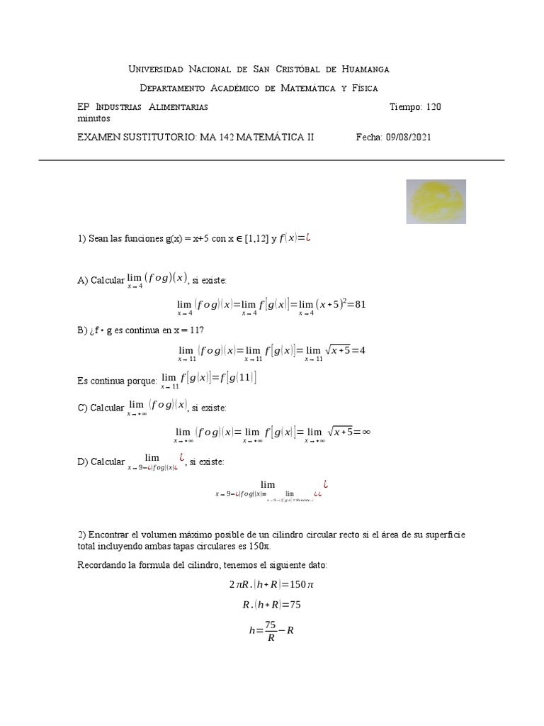 Examen Sustitutorio (Mat-142) | PDF | Matemáticas | Análisis matemático