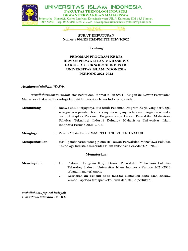 Pedoman Kerja DPM FTI UII 2021-2022 | PDF