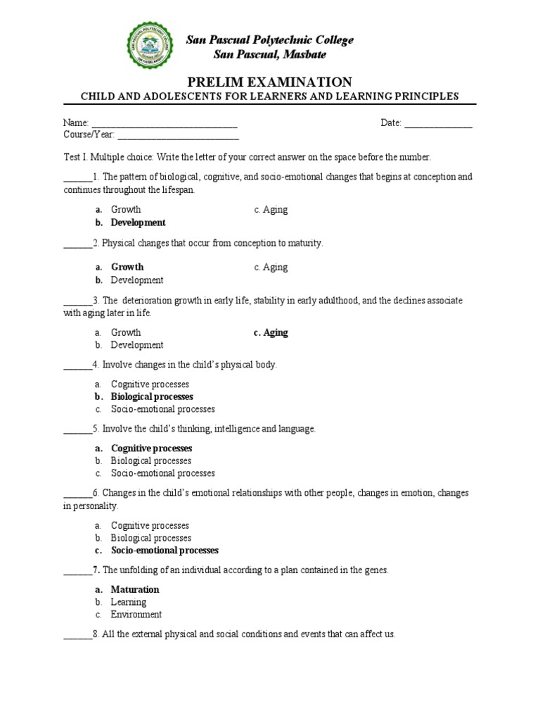 Child and Adolescents Prelim Exam Key To Correction | PDF | Learning ...