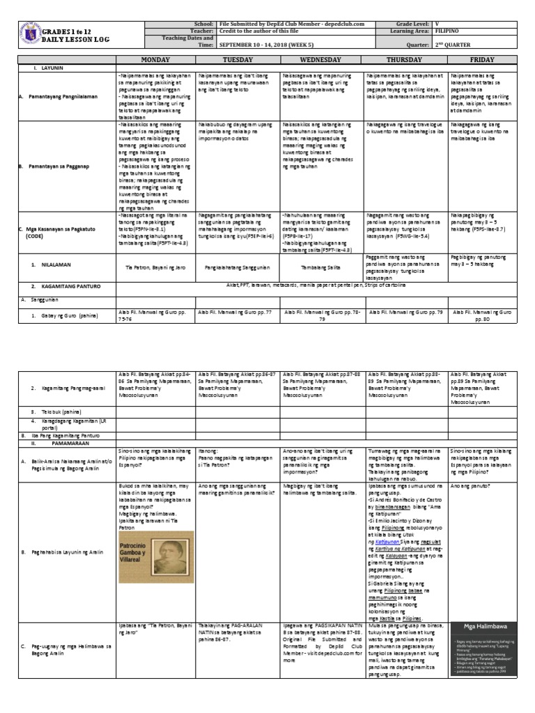 DLL - Filipino 5 - Q2 - W5 | PDF
