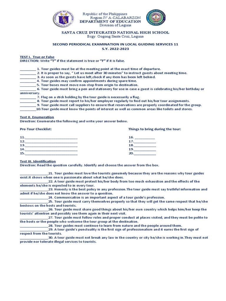 Second Periodical Exam in Local Guiding Services 11 | PDF | Voucher ...