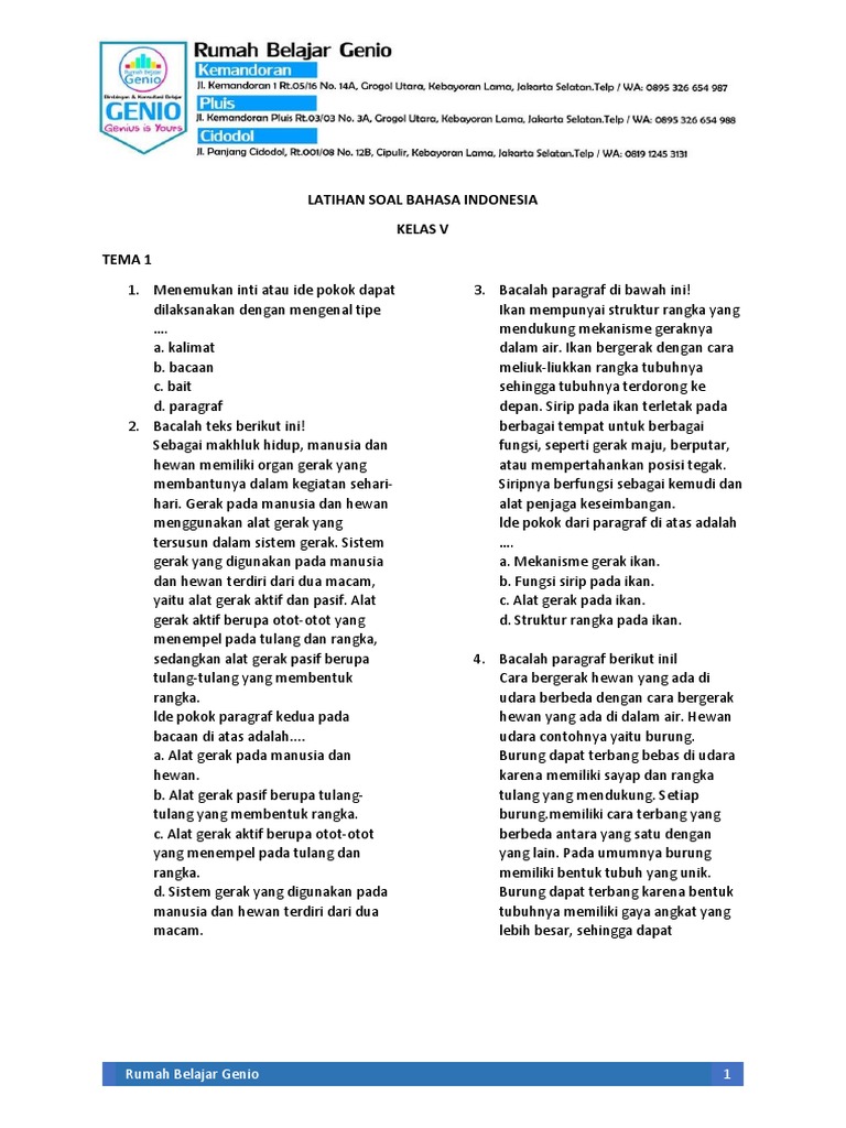 5 Soal Pas Bahasa Indonesia (Tema 1, 2, 3, 4, 5) | PDF
