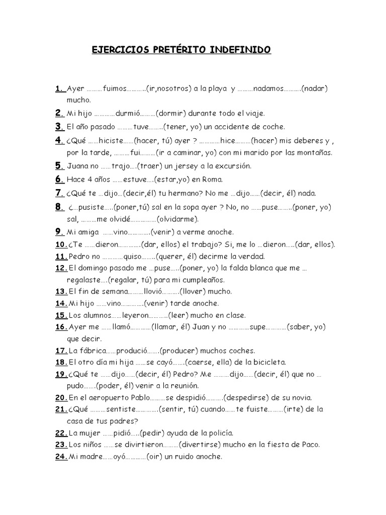 Indefinido Ejercicios Pdf – Preterito Indefinido Übungen Pdf – ELARUQ