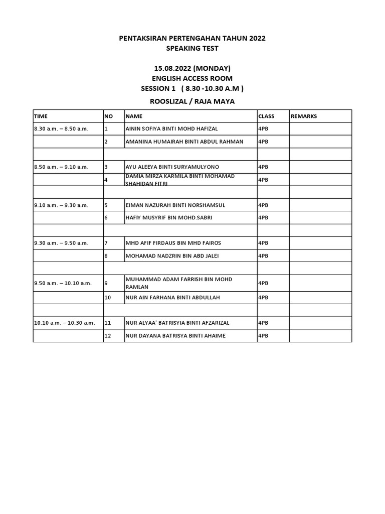 2022 Mid-Year Speaking Test Schedule | PDF