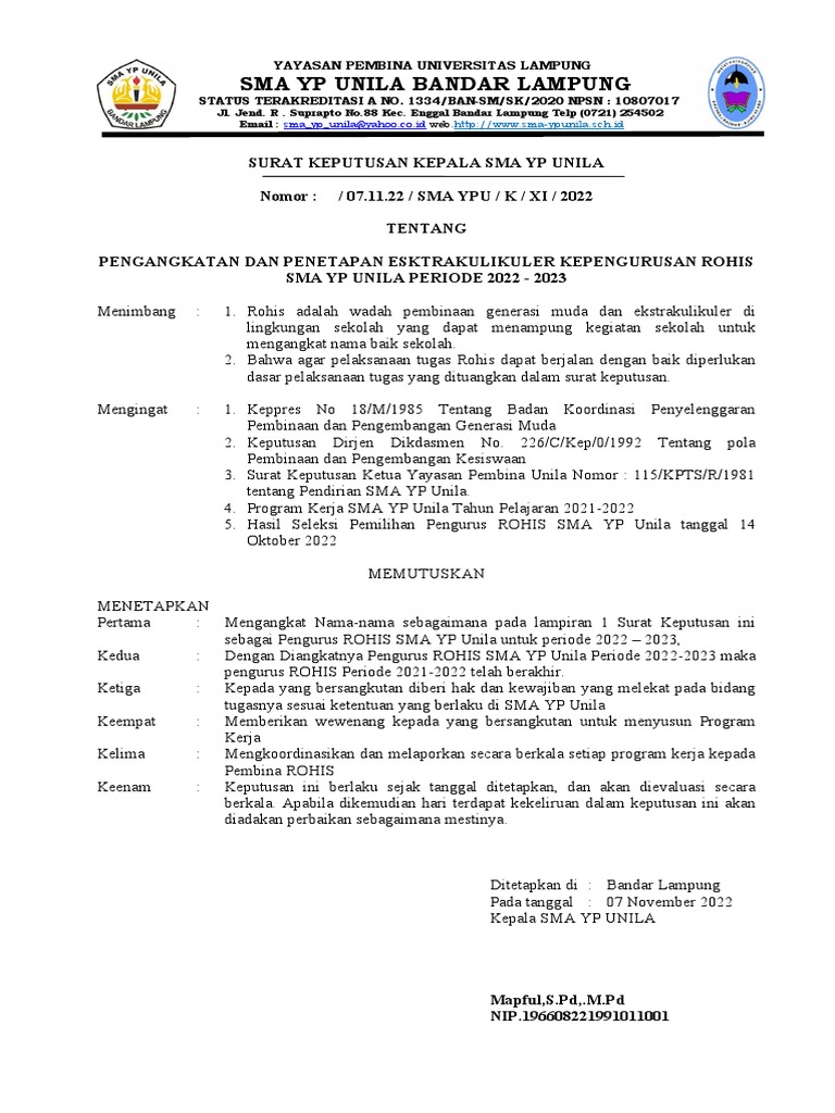 Surat Keputusan Rohis 2022 | PDF