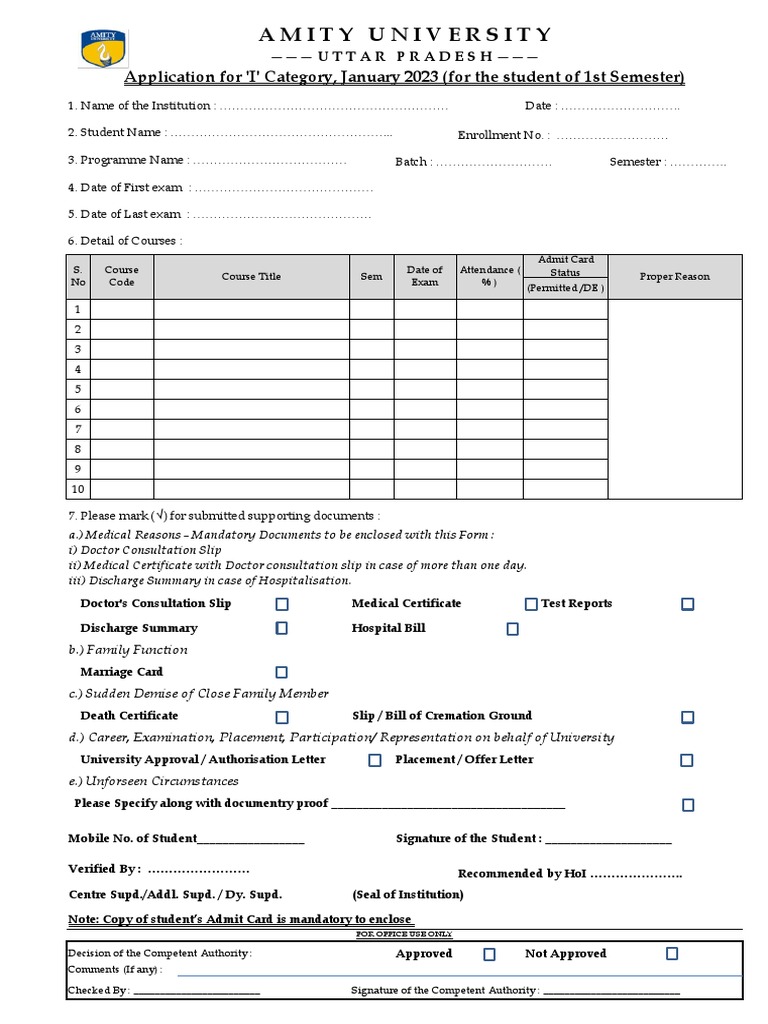 I Category Form (Annexure - I) - For The Students of 1st Semester | PDF