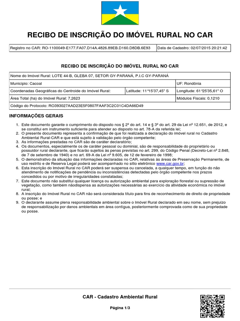 Recibo de Inscrição Do Imóvel Rural No Car | PDF